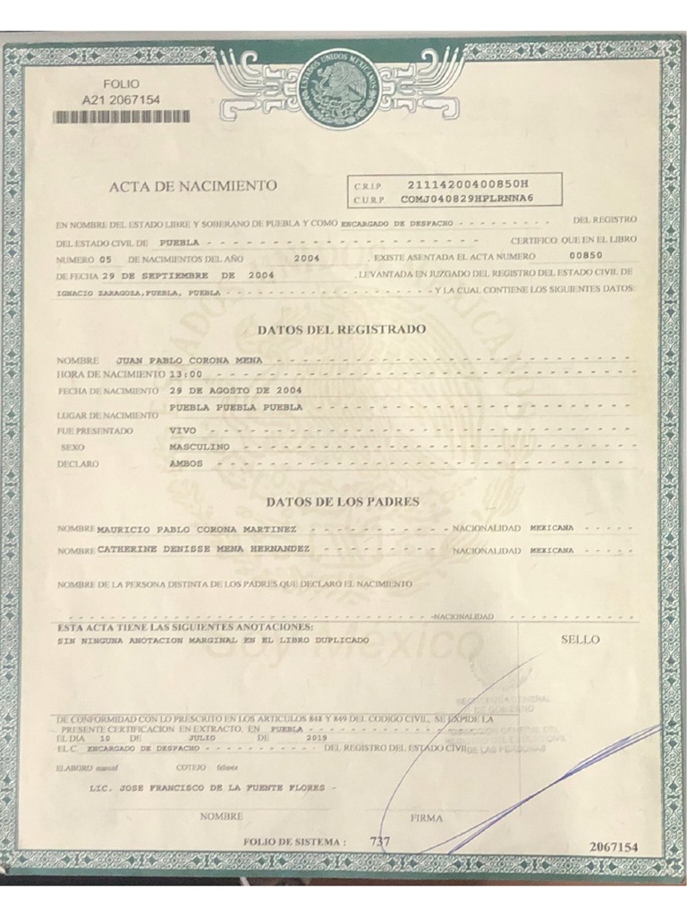 Acta de Nacimiento | PDF