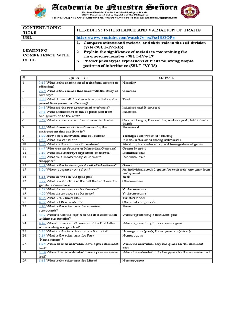G8 Biology Lesson 2 Heredity Inheritance and Variation of Traits | PDF ...