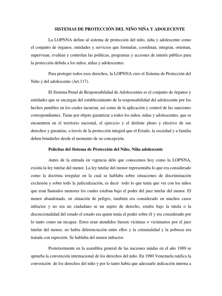 Sistemas de Protección Del Niño Niña y Adolecente (Trabajo Final - Falta Portada) ) | PDF ...