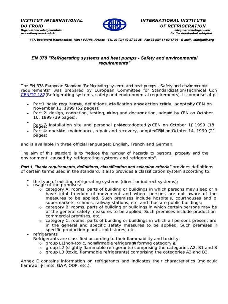 EN 378: Refrigeration Safety Standards | PDF