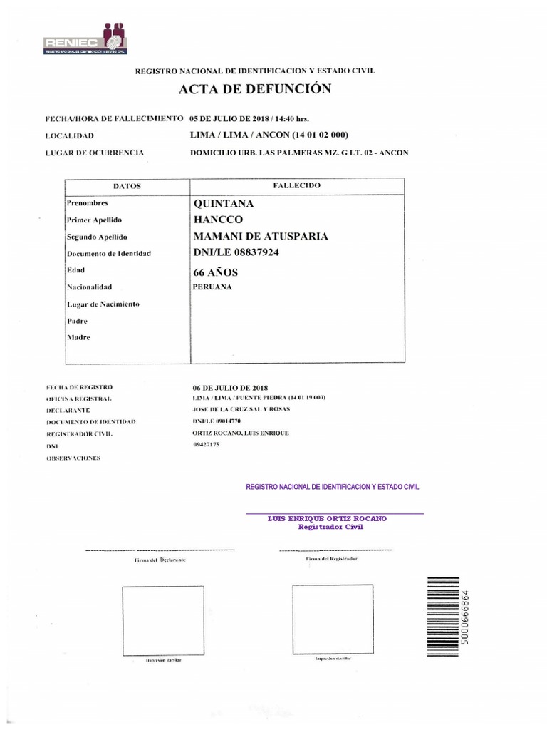 Acta Defuncion Ortiz Rocano | PDF