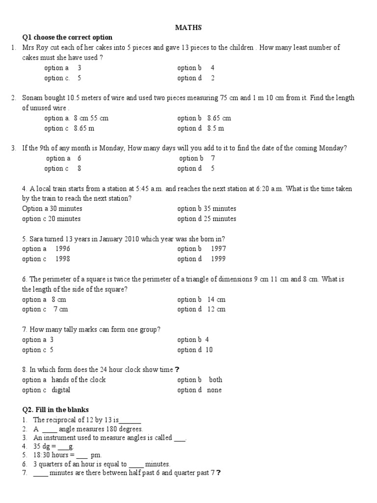 Maths Std. 5 Sa2 Revision Sheet 22-23 | PDF | Metrology | Elementary Geometry
