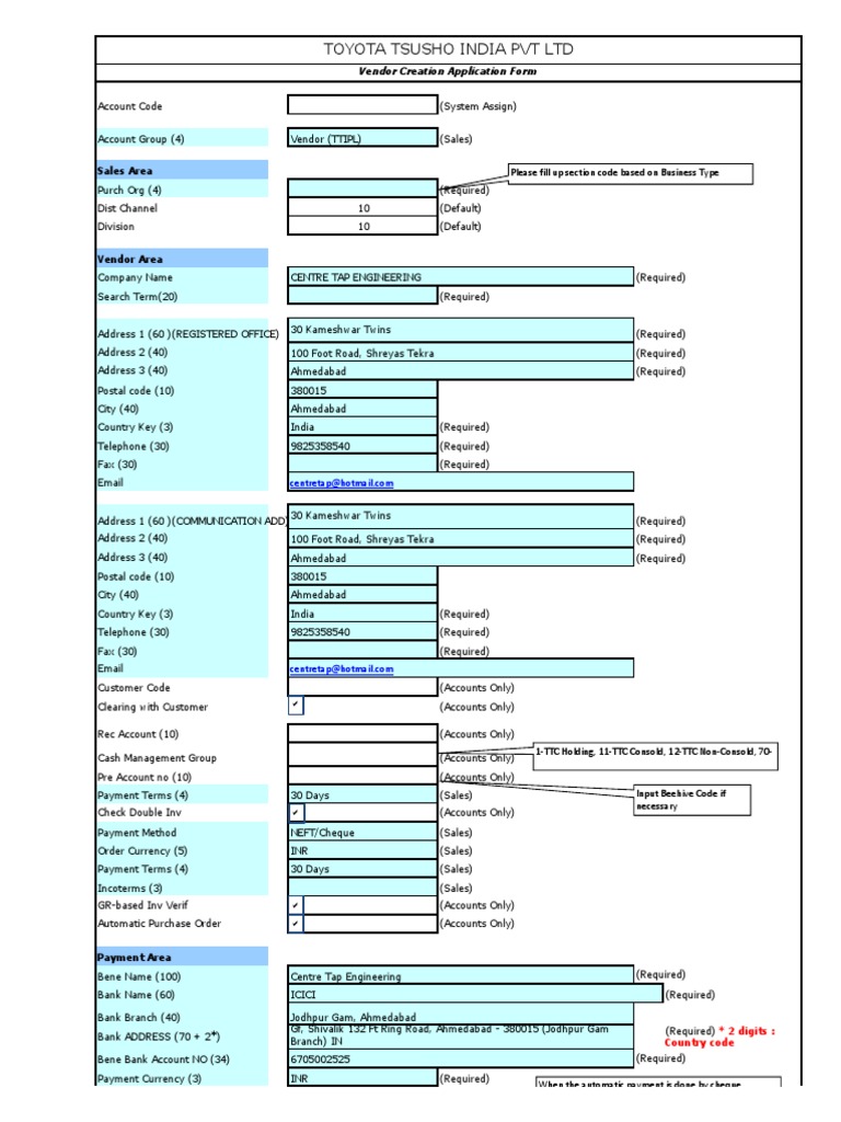Customer & Vendor appln form | PDF | Payments | Cheque