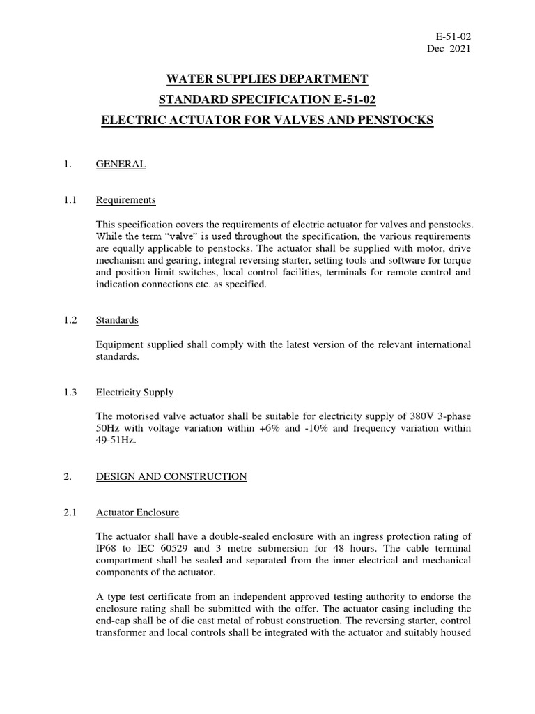 Water Supplies Department Standard Specification E-51-02 Electric Actuator For Valves and ...