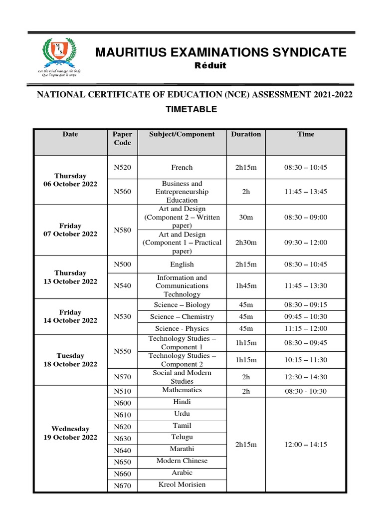 Timetable Nce Assessment 2021 2022 | PDF