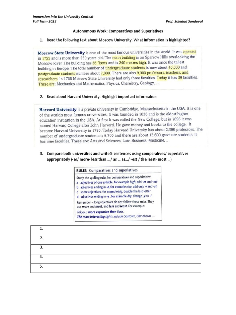 Autonomous Work - Comparatives and Superlatives | PDF