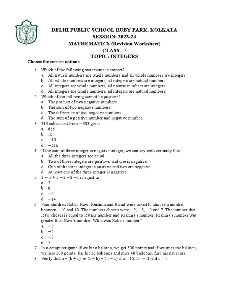 Class-7_Integer(Worksheet) | PDF | Integer | Elementary Mathematics