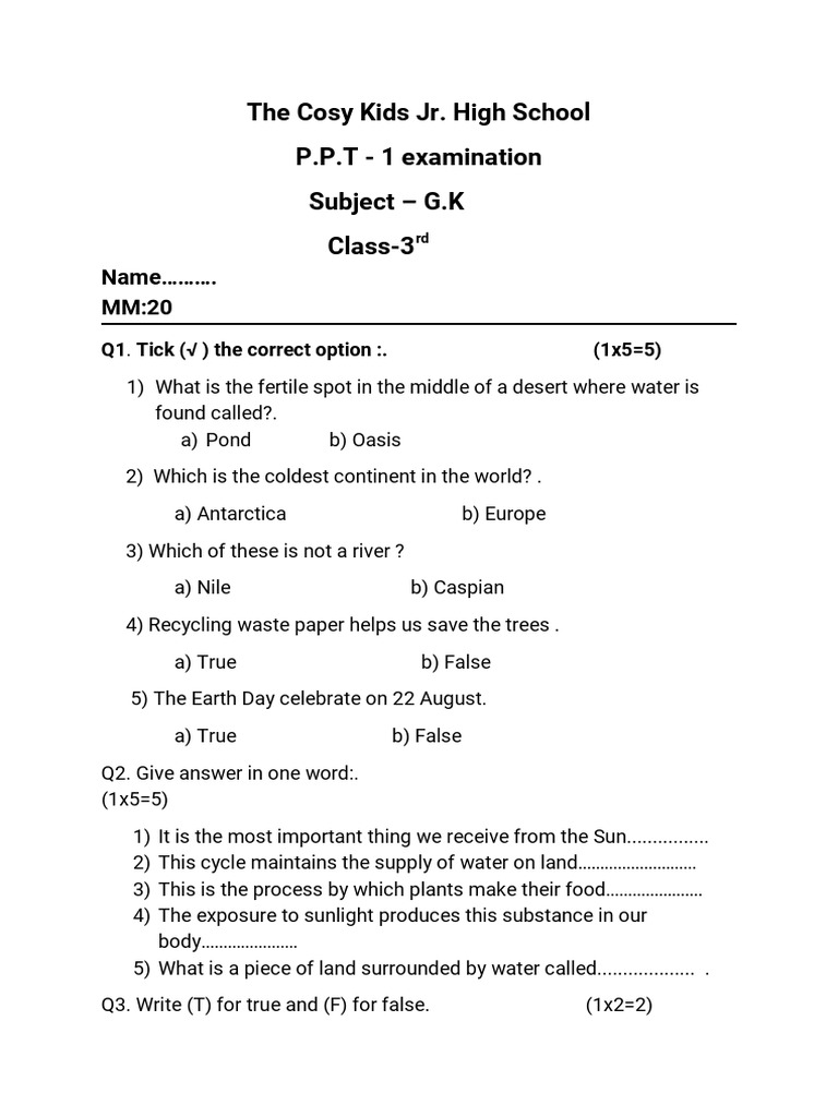 class 3rd gk paper[1] | PDF