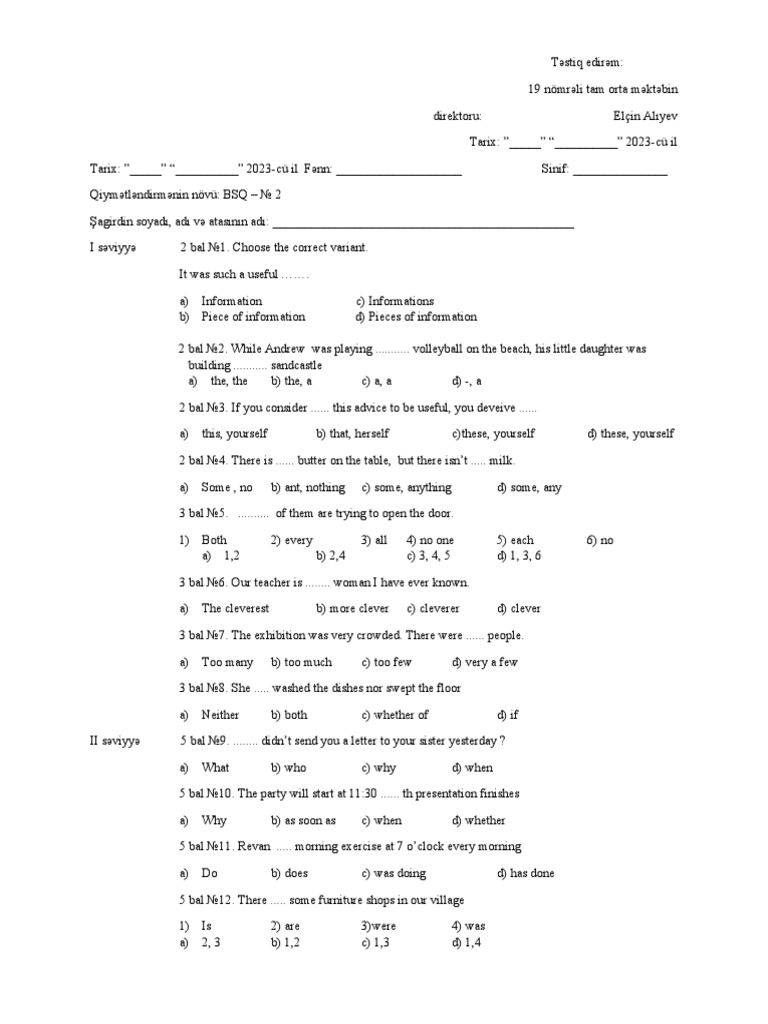 BSQ2 - Summativ Qiymətləndirmə 1 | PDF | Linguistics