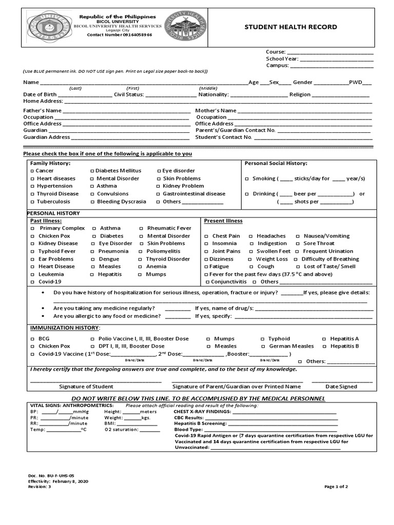 ISO-05-Student-Health-Record-1-Rev (1) | PDF | Vaccines | Clinical Medicine
