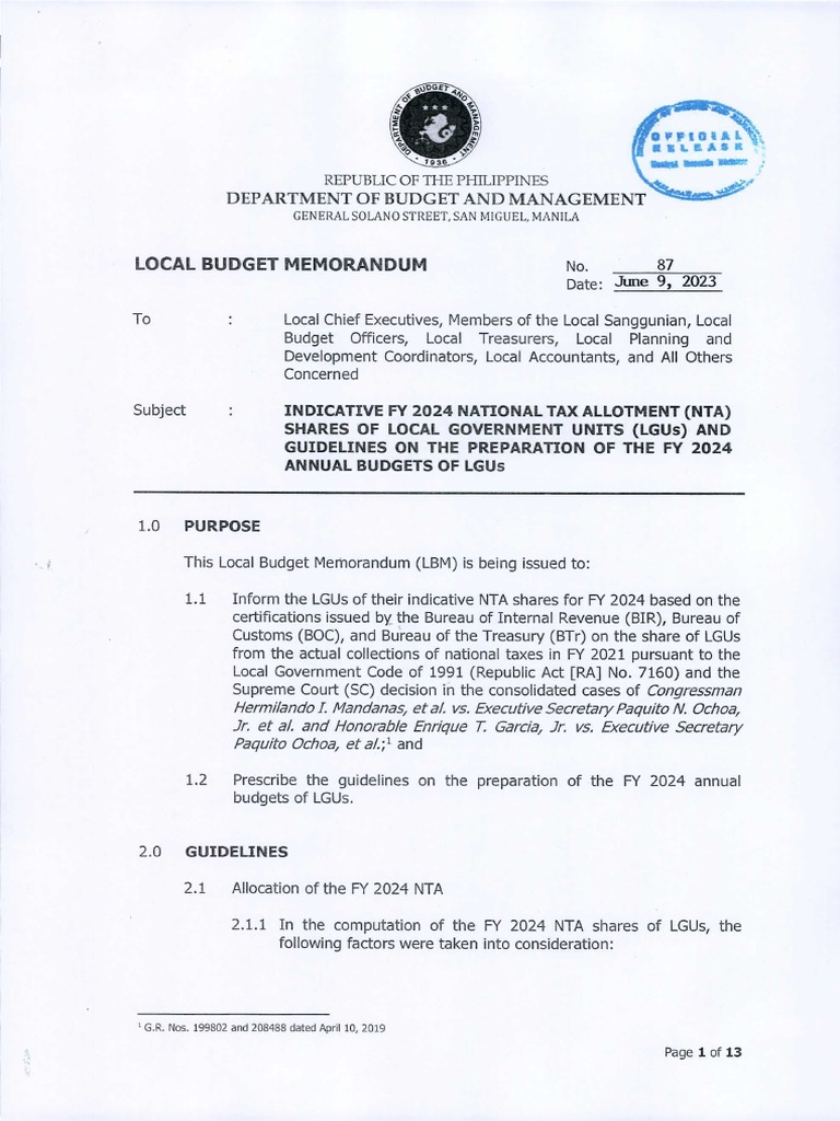 Local Budget Memorandum No 87 Dated June 9 2023 | PDF | Taxes ...