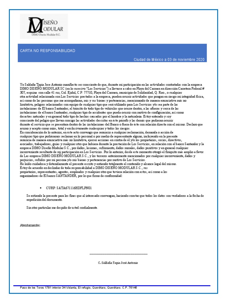 Carta No Responsabilidad - Dimo Diseño Modular - Saldaña Tapia Jose ...
