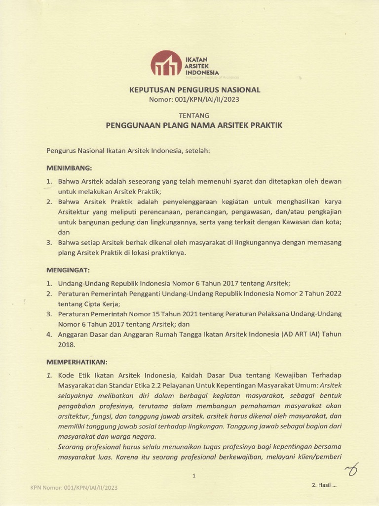 001 KPN IAI II 2023 Penggunaan Plang Nama Arsitek Praktik | PDF