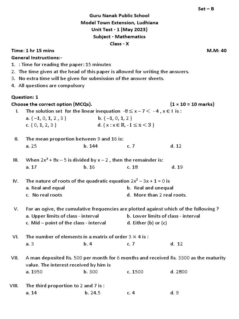 Class 10 Mathematics Set B | PDF | Matrix (Mathematics) | Equations Class 10 Mathematics Set B | PDF | Matrix (Mathematics) | Equations