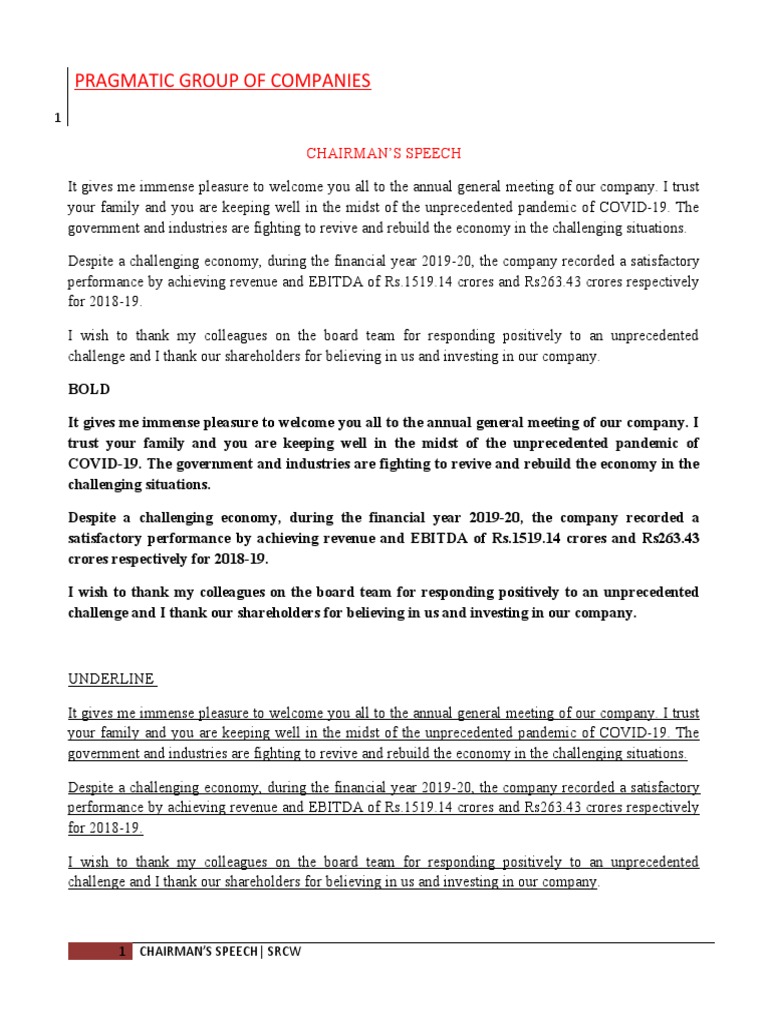 Chairman's Address at AGM 2020 | PDF | Economies