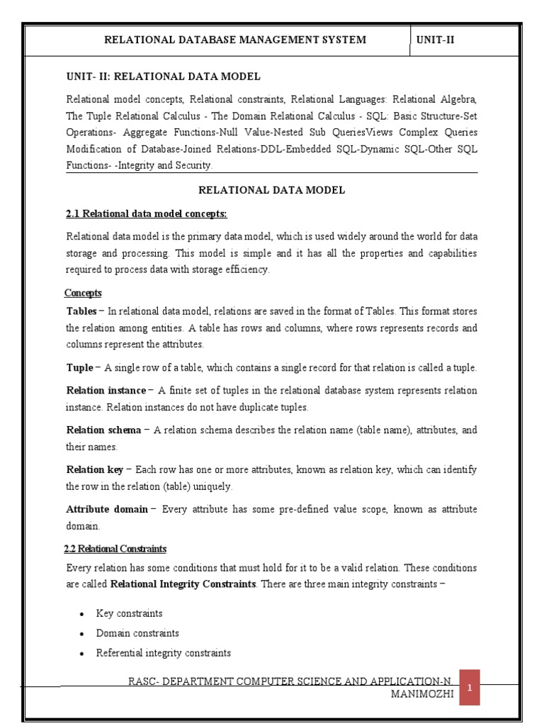 Rdbms Unit II | PDF | Relational Database | Relational Model Rdbms Unit II | PDF | Relational Database | Relational Model
