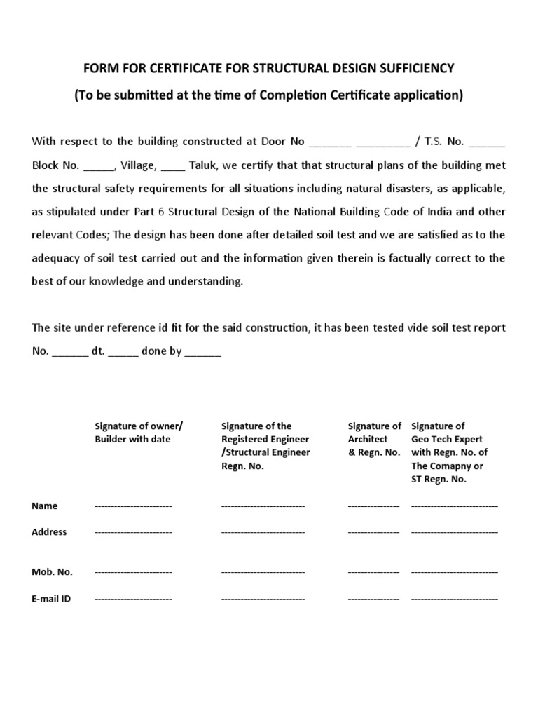 Structural Design Sufficiency Certificate | PDF