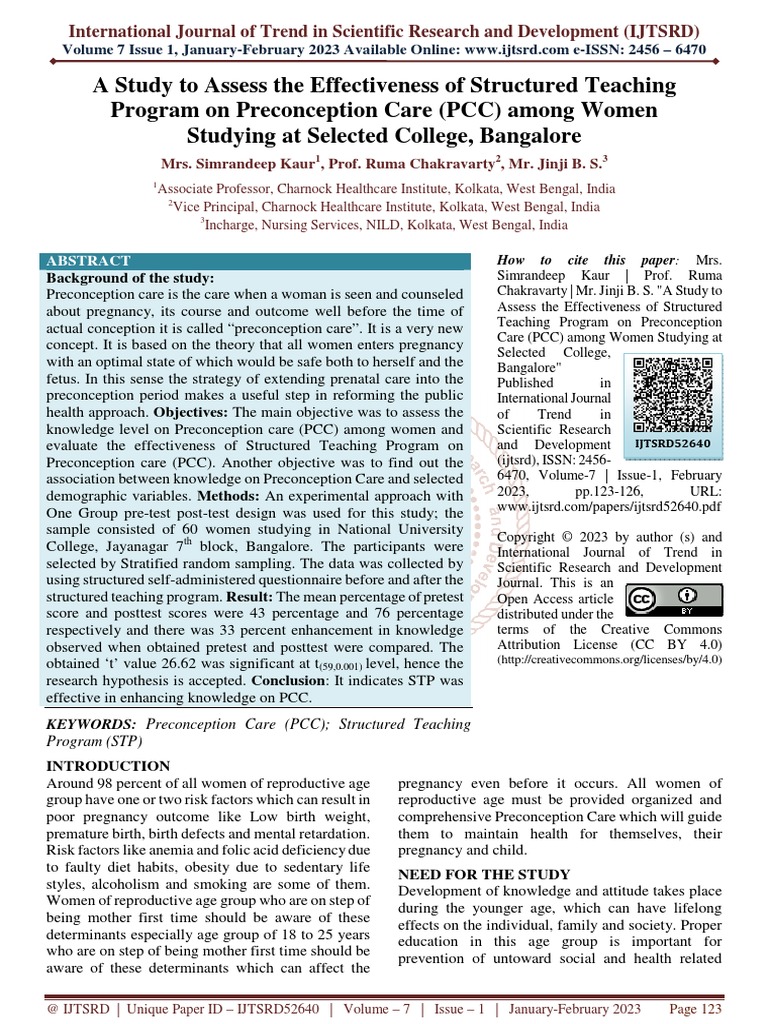 A Study to Assess the Effectiveness of Structured Teaching Program on Preconception Care PCC ...