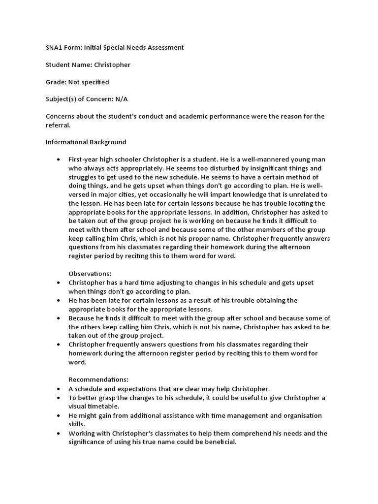 SNA1 Form | Download Free PDF | Autism Spectrum | Classroom