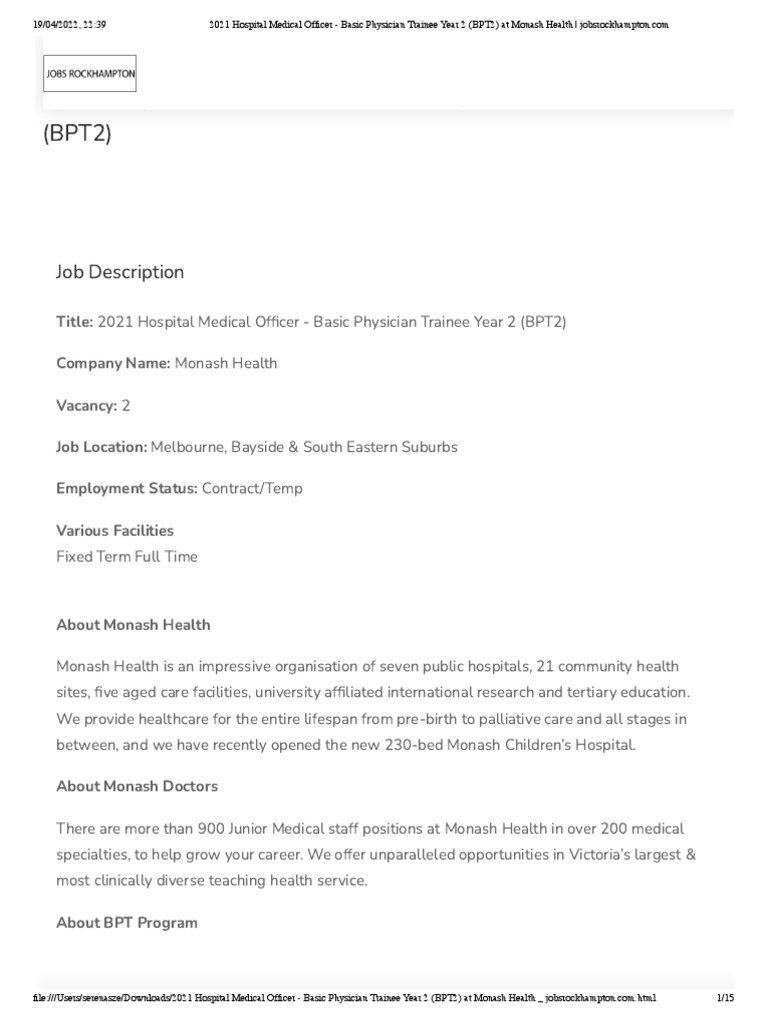 BPT2 Medical Officer Role at Monash Health | PDF | Hospital | Health Care