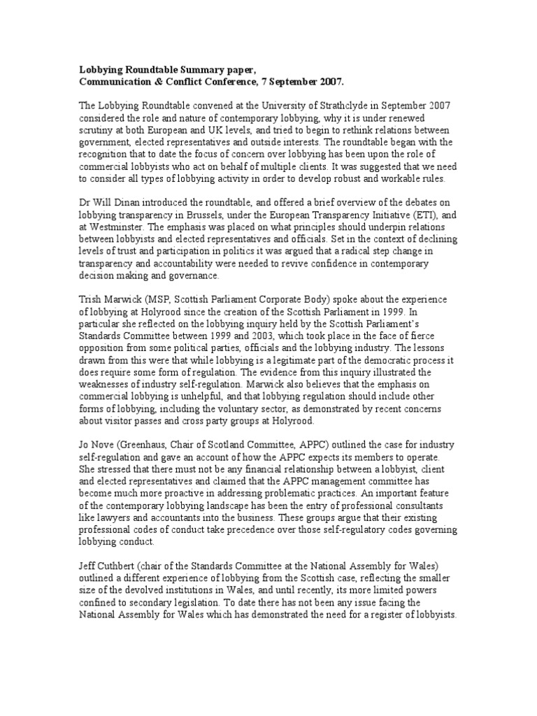 Lobbying Roundtable Summary Paper | PDF | Transparency (Behavior ...