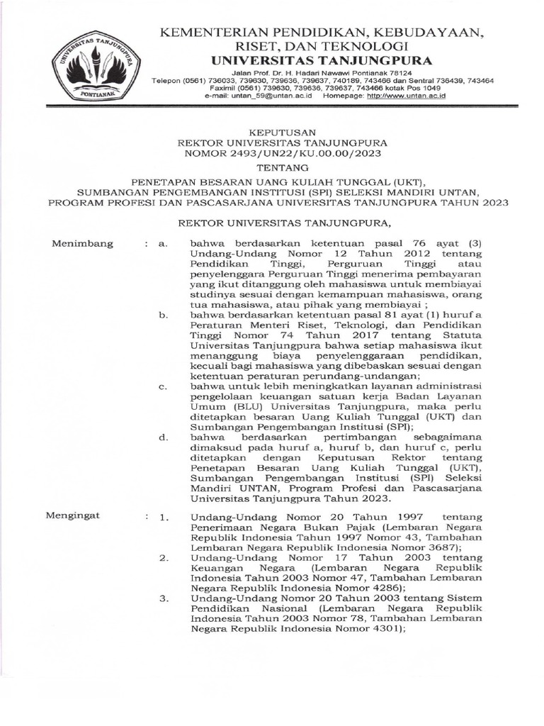 01 - SK Penetapan Besaran UKT SPI Seleksi Mandiri UNTAN, Program ...