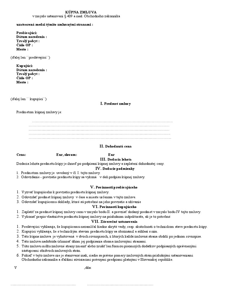 Kúpna Zmluva Na 1stranu | PDF