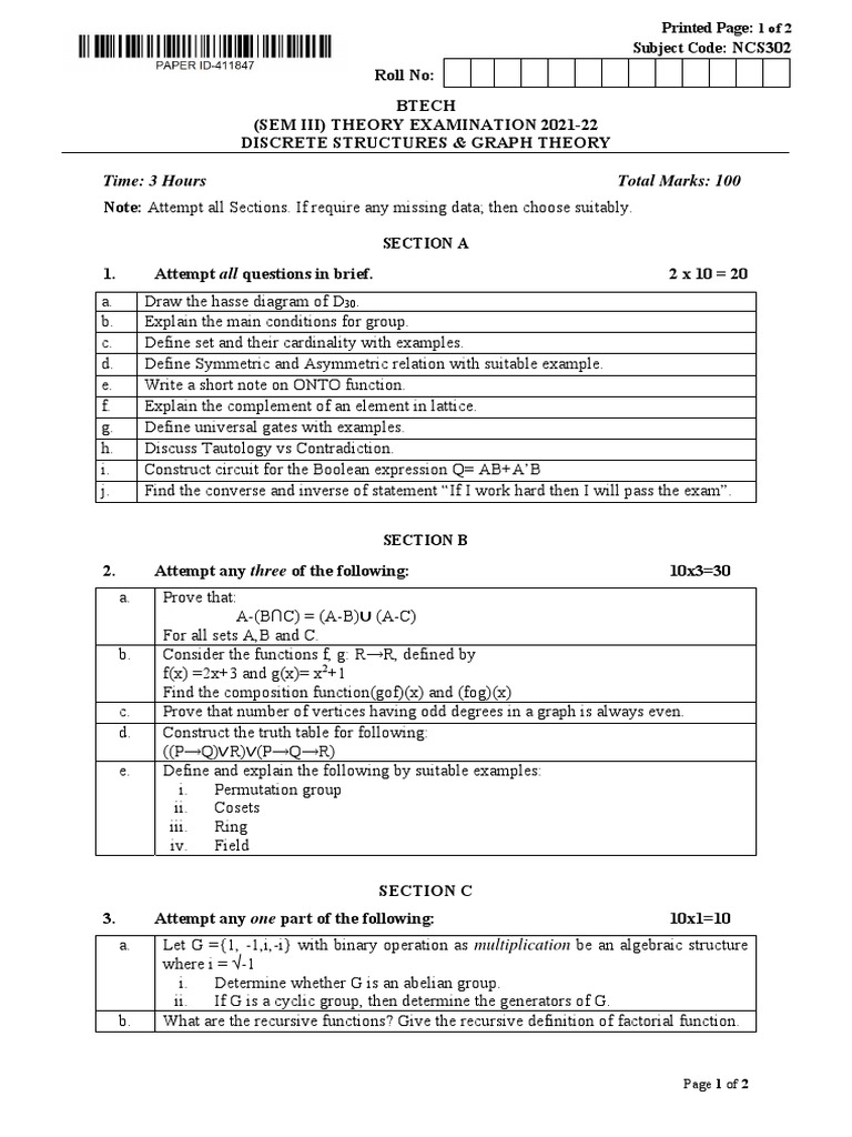 Btech Cs 3 Sem Discrete Structure and Graph Theory ncs302 2022 | PDF | Group (Mathematics ...