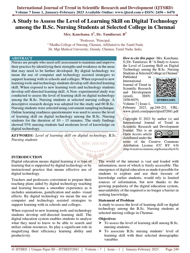 A Study To Assess The Level of Learning Skill On Digital Technology Among The B.Sc. Nursing ...