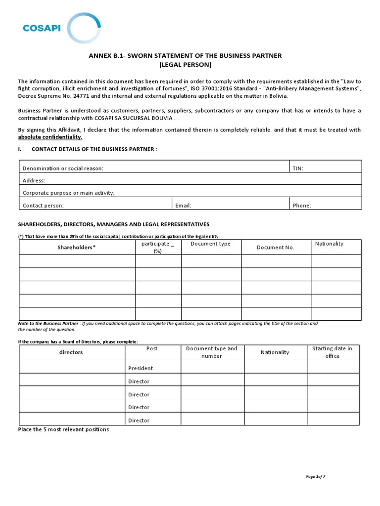 1.1. Annex b.1 - Sworn Statement of The Business Partner-Pj - Bolivia | PDF | Money Laundering ...
