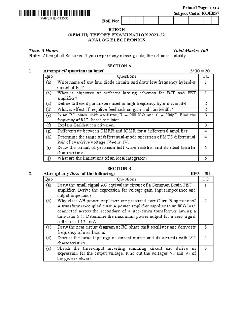 BTech Analog Electronics Exam Paper | PDF | Amplifier | Electronic ...