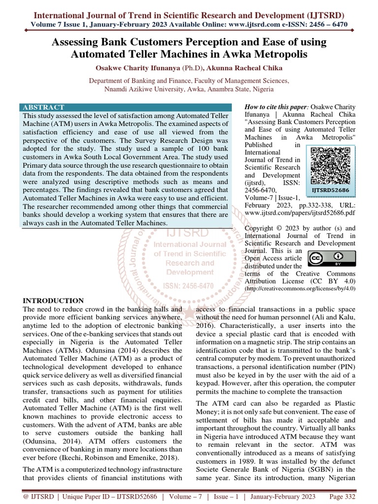 Assessing Bank Customers Perception and Ease of Using Automated Teller Machines in Awka ...