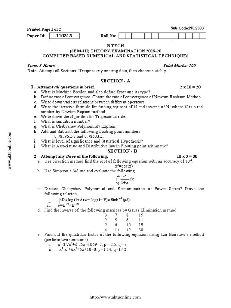 Btech Cs 3 Sem Computer Based Numerical and Statistical Techniques ncs303 2020 | PDF | Numerical ...