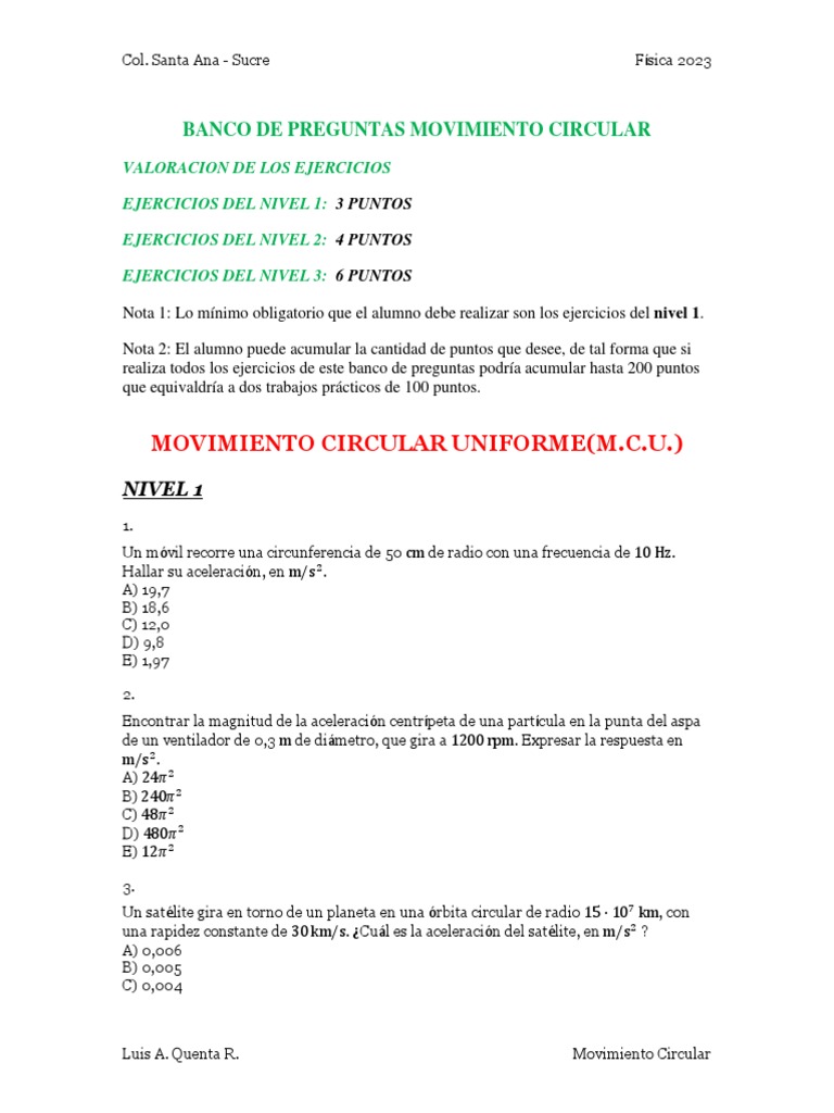 Banco de Preguntas Movimiento Circular | Descargar gratis PDF | Aceleración | Velocidad