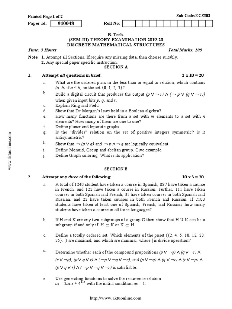 Btech Cs 3 Sem Discrete Mathematical Structures Ecs303 2020 | PDF | Mathematics | Algebra