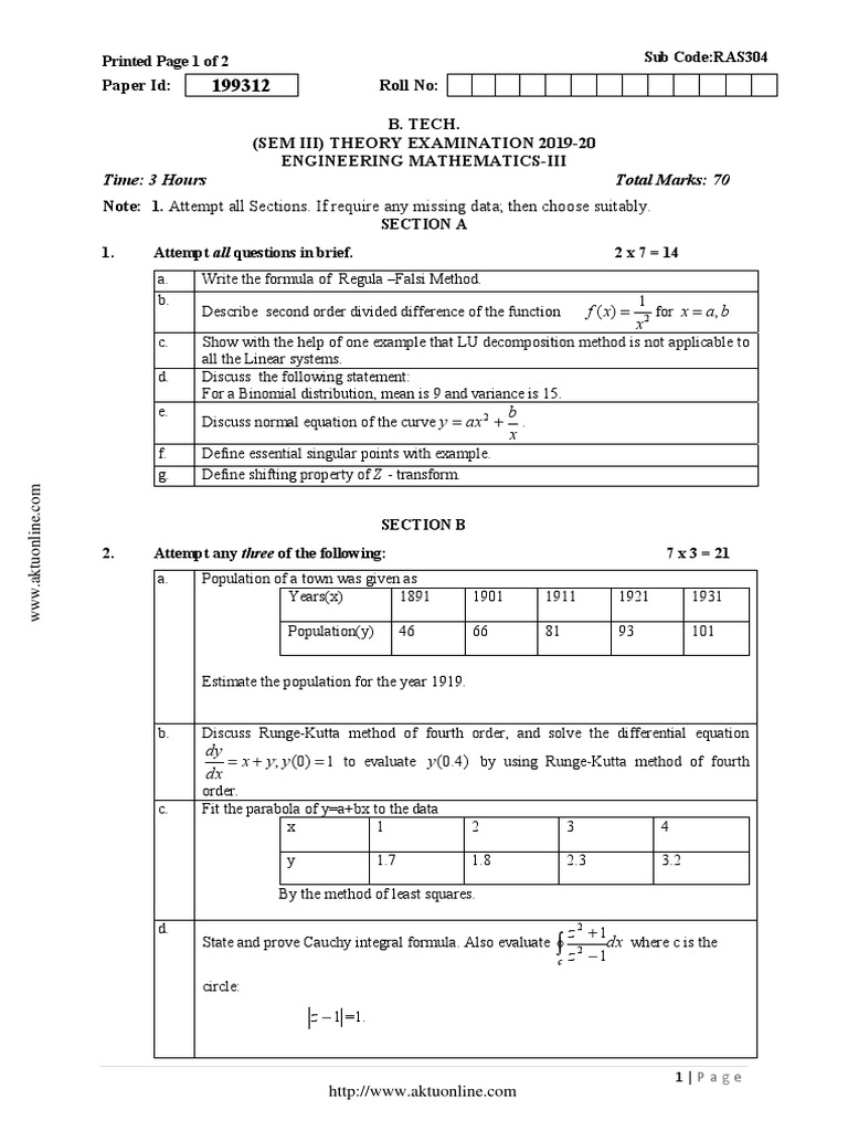 btech-3-sem-engineering-mathematics-3-ras304-2020 | PDF | Equations ...