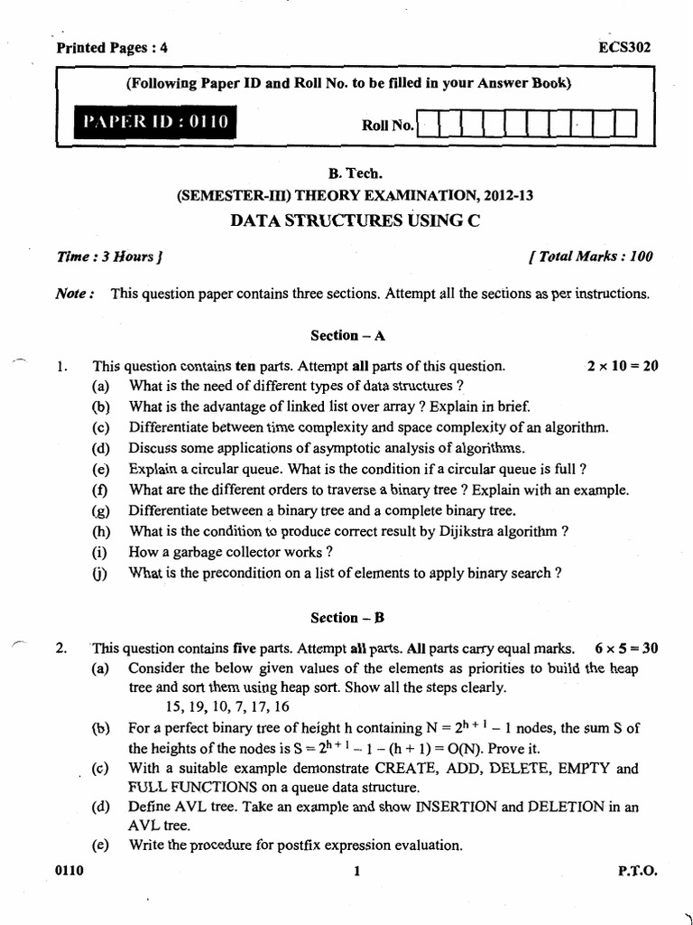 Btech Cs 3 Sem Data Structures Using C v2 Ecs302 2013 | PDF