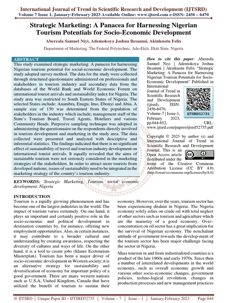 Strategic Marketing A Panacea For Harnessing Nigerian Tourism Potentials For Socio Economic ...