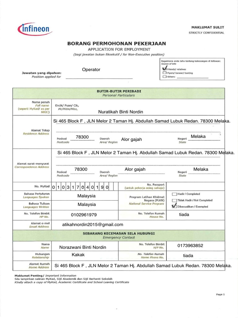 Borang Permohonan Pekerjaan Infineon Melaka (1) (5) | PDF