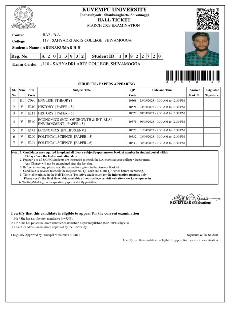 Kuvempu University: Hall Ticket | PDF