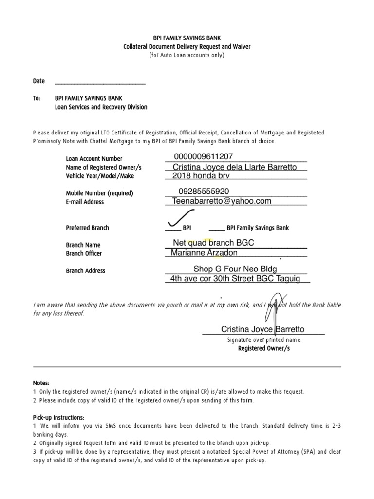 Collateral Document Delivery Request Form v2 | PDF | Personal Finance ...