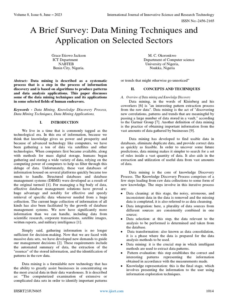 A Brief Survey: Data Mining Techniques and Application On Selected Sectors | PDF | Data | Data ...