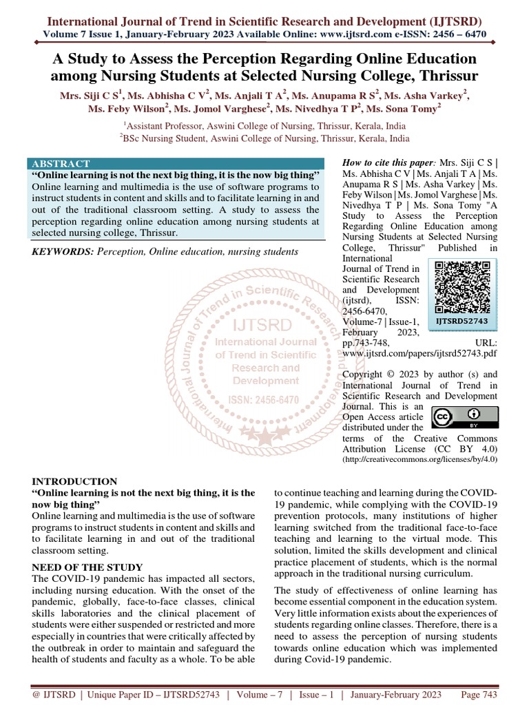 A Study To Assess The Perception Regarding Online Education Among Nursing Students at Selected ...