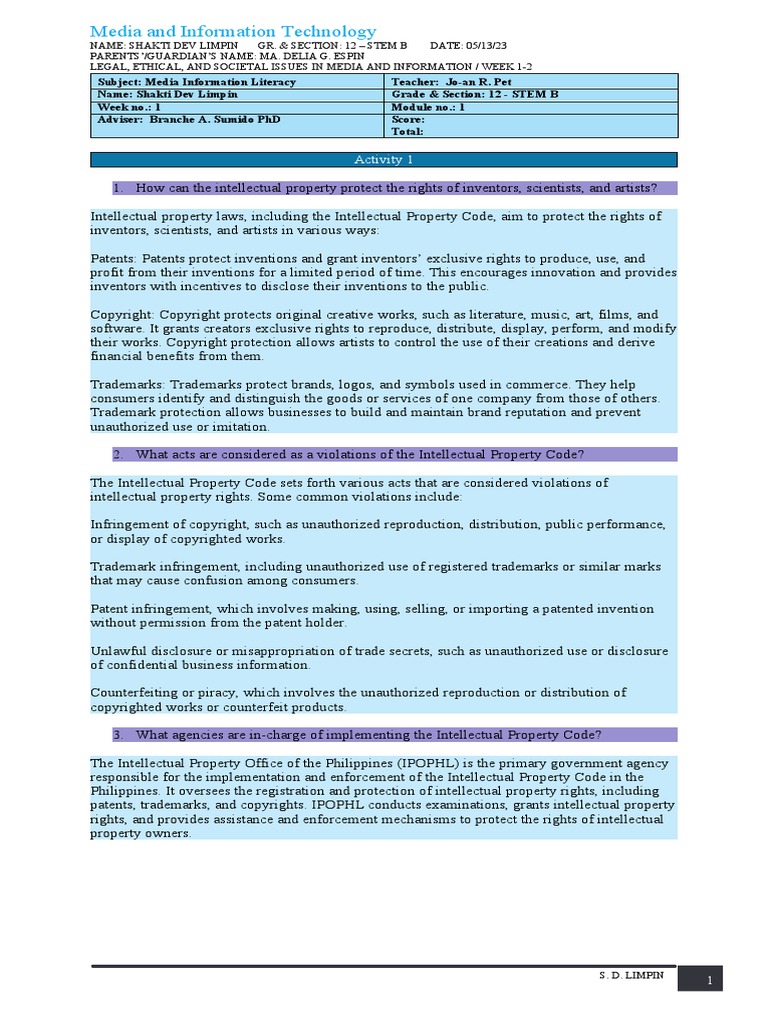 (LIMPIN, SHAKTI DEV) MIL Q4W1 | PDF | Intellectual Property | Copyright