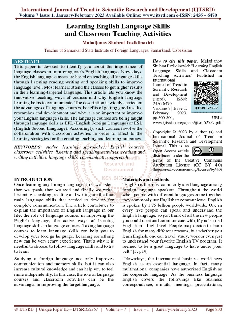 Learning English Language Skills and Classroom Teaching Activities ...