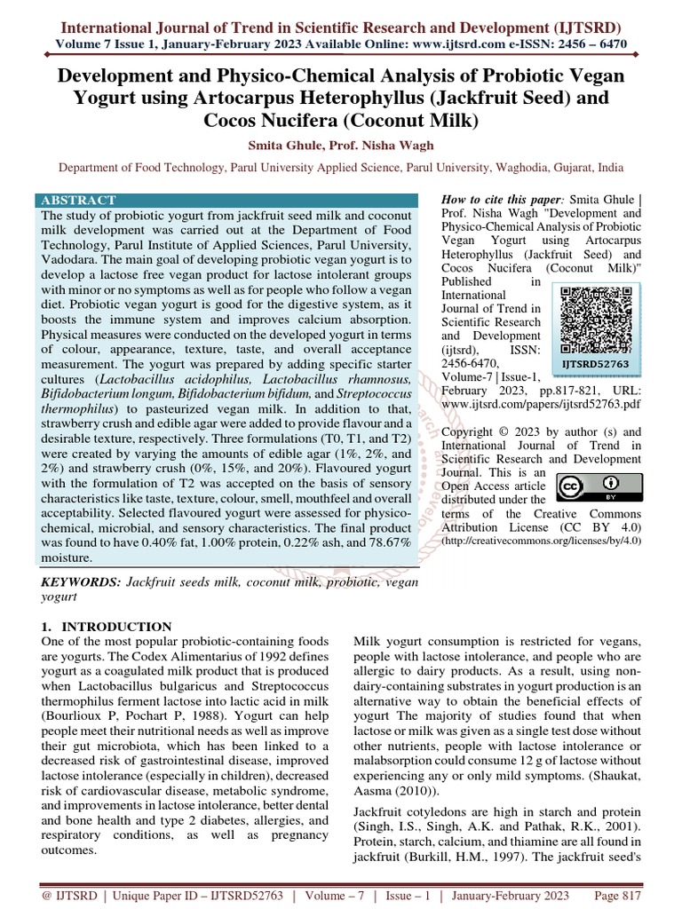 Development and Physico Chemical Analysis of Probiotic Vegan Yogurt Using Artocarpus ...