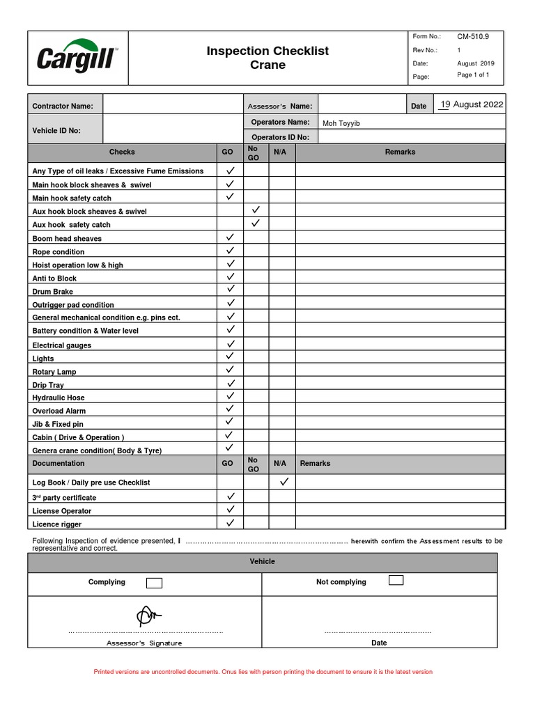 CM-510.9 Crane Checklist Cargill | PDF | Crane (Machine) | Transport