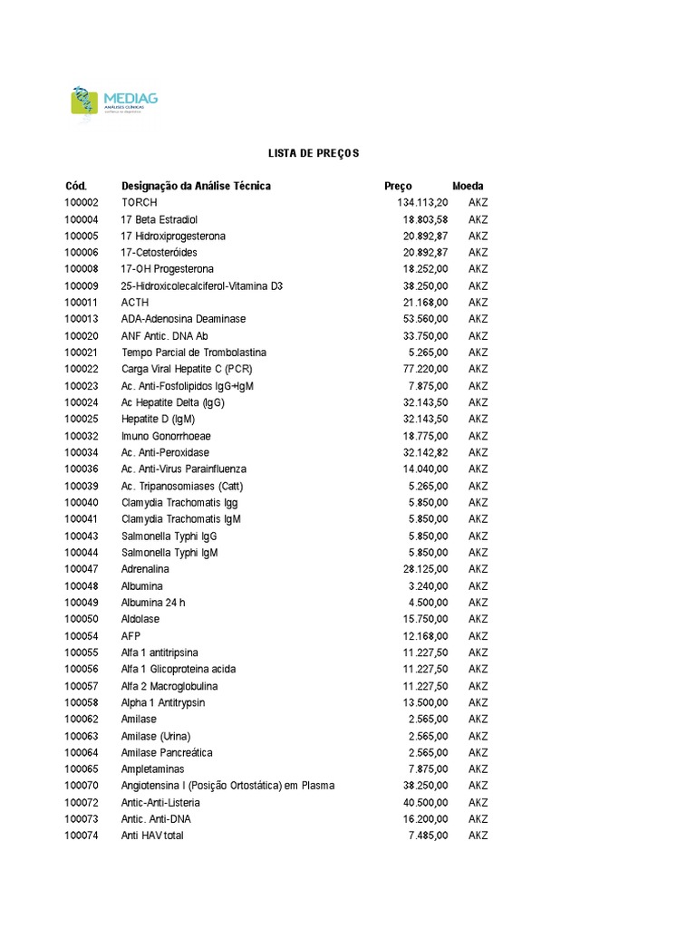 Lista de Preços Mediag Luanda | PDF | Clinical Medicine | Immunology