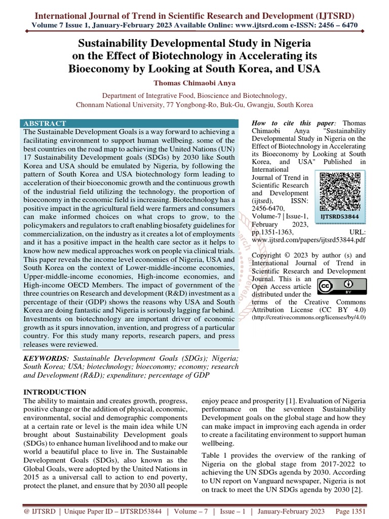 Sustainability Developmental Study in Nigeria On The Effect of Biotechnology in Accelerating Its ...