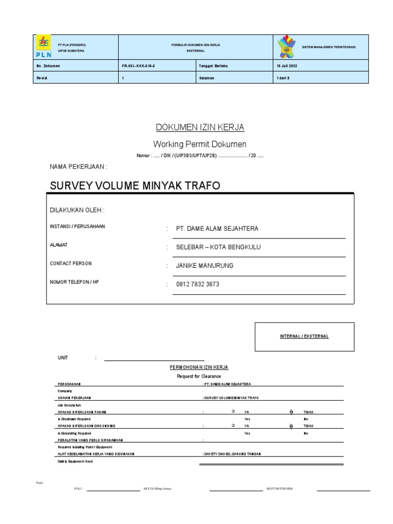 Survey Volume Minyak Trafo: Dokumen Izin Kerja Working Permit Dokumen | PDF